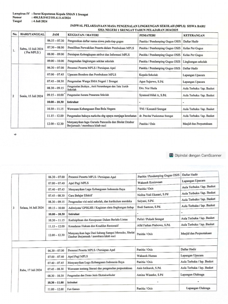 Jadwal Kegiatan MPLS Sman 1 Srengat 2024-2025 | PDF