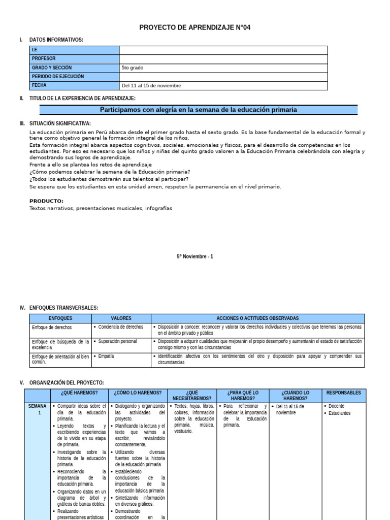 5° Grado - Proyecto de Aprendizaje N°04 | PDF | Aprendizaje | Educación primaria