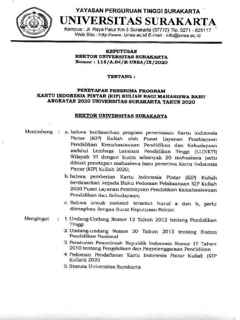 00 SK Rektor Penetapan Kip K Baru Universitas Surakarta 2020 | PDF