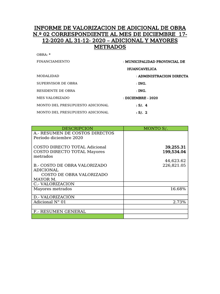 Informe de Valorizacion de Adicional de Obra N | PDF | Negocios