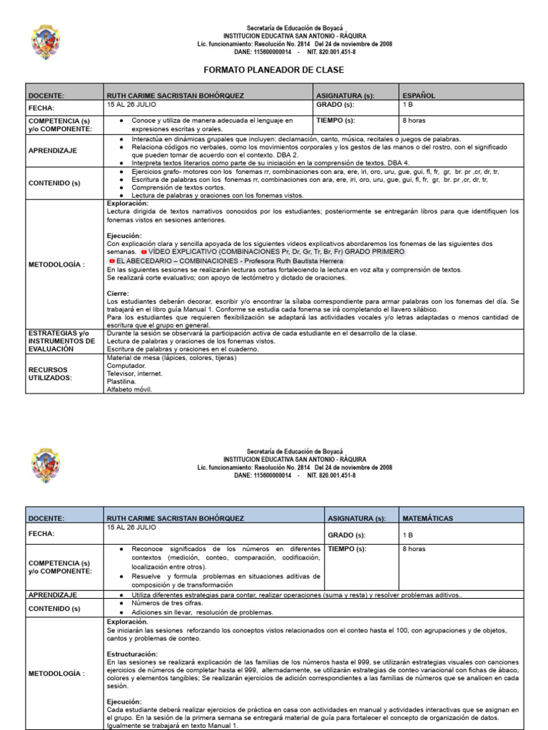 15 Julio Al 26 Julio Planeador de Clase 1 B | PDF | Evaluación | María, madre de Jesús