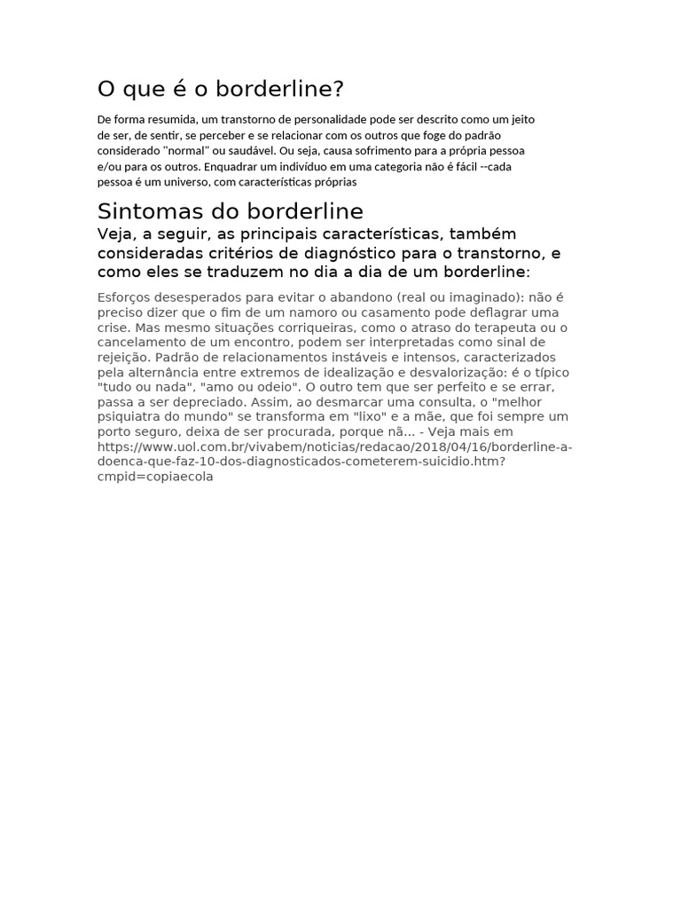 Entendendo o Transtorno Borderline | PDF