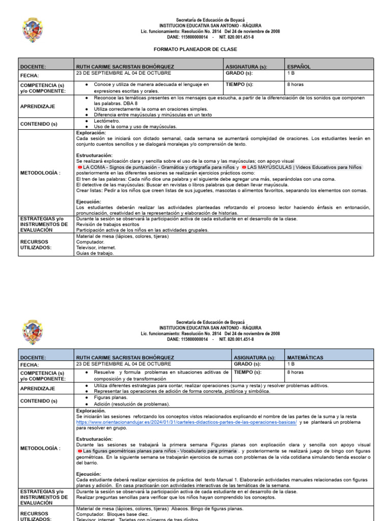 23 de Septiembre Al 04 de Octubre Planeador de Clase 1 B | PDF | Evaluación | Aprendizaje