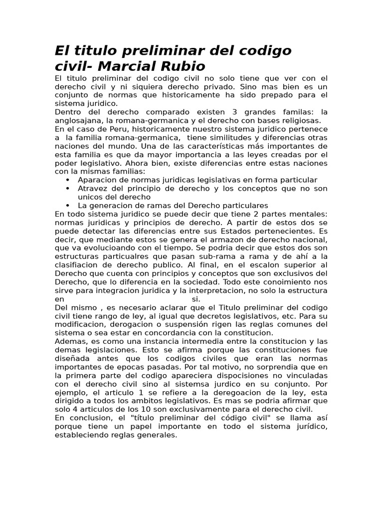 El Titulo Preliminar Del Codigo Civil - Marcial Rubio | PDF | Constitución | Ciencias Políticas