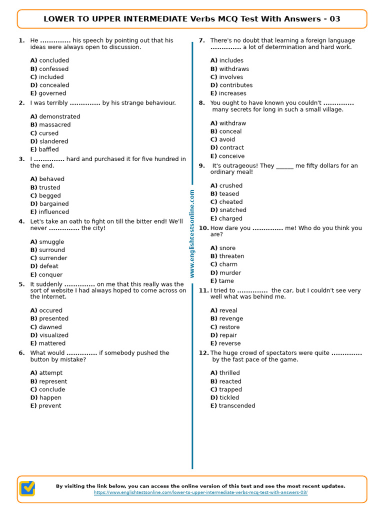 654 Lower To Upper Intermediate Verbs MCQ Test With Answers 03 | PDF