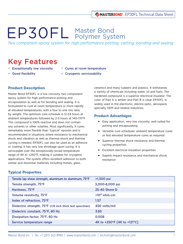 Master Bond EP30FL Epoxy Data Sheet | PDF | Epoxy | Adhesive
