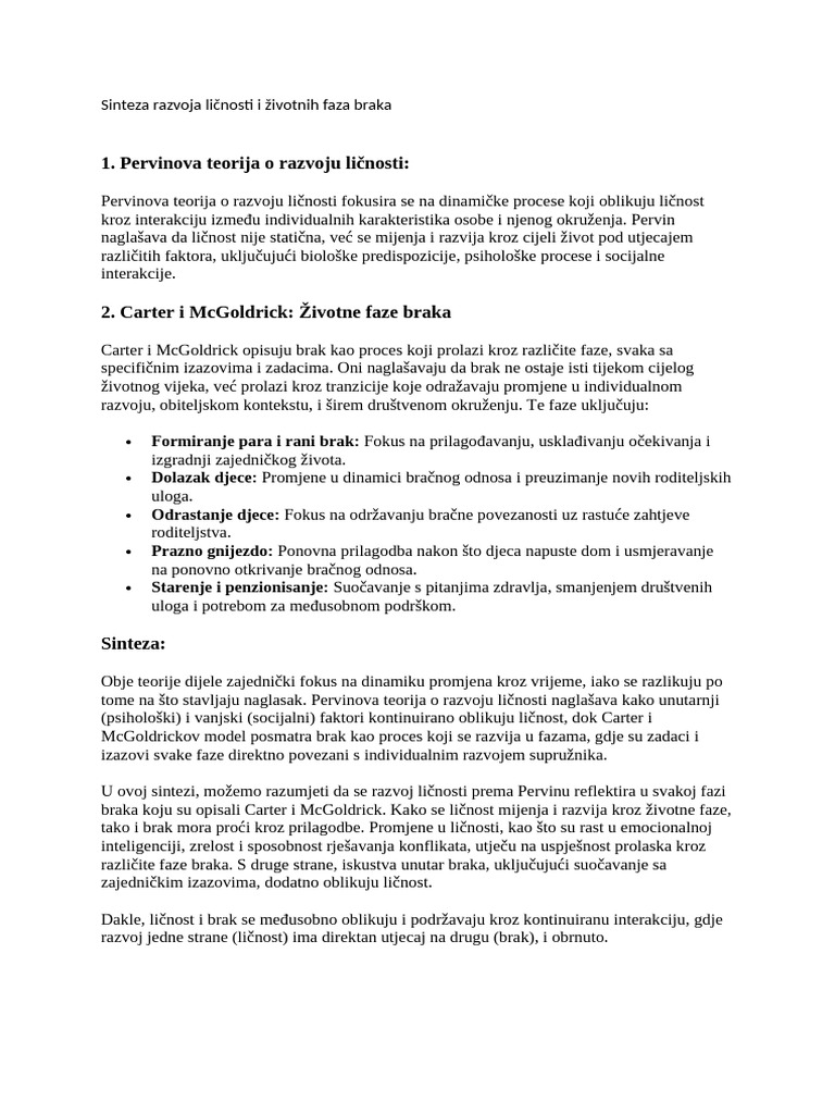 Sinteza Razvoja Ličnosti I Životnih Faza Braka | PDF