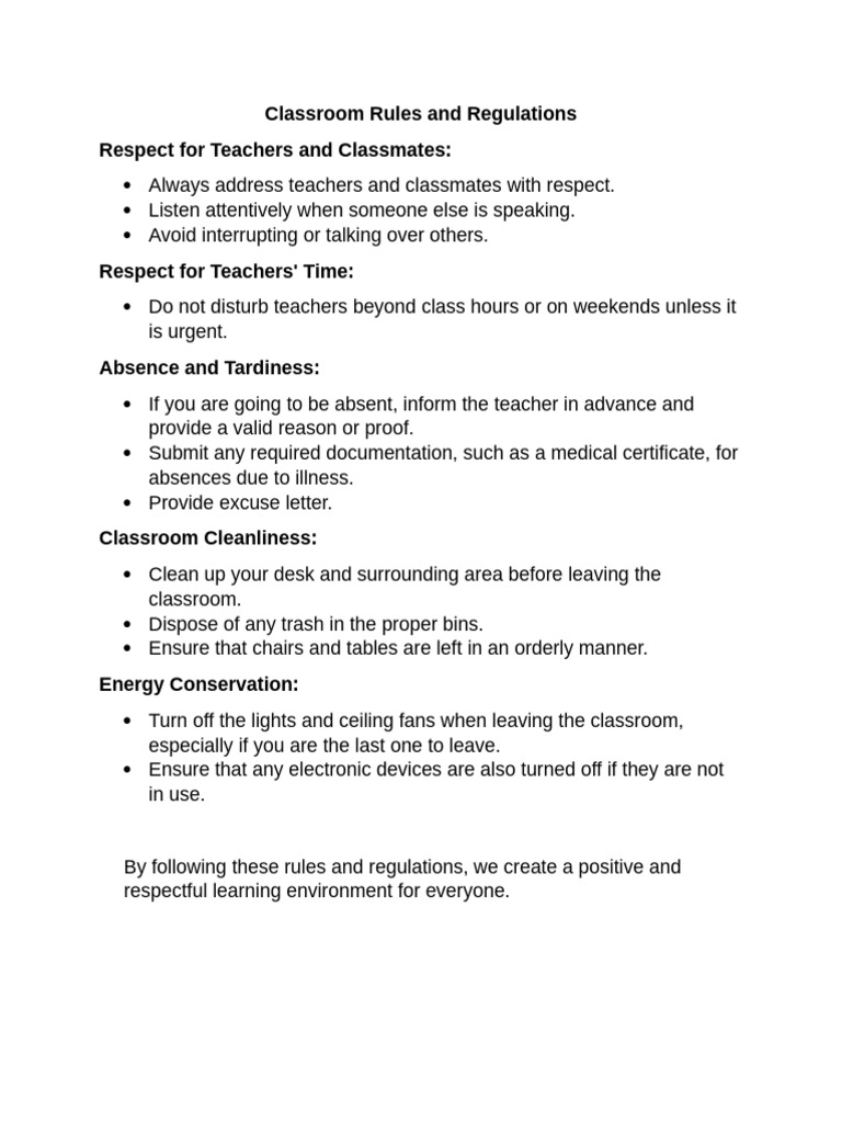Classroom Rules and Regulations | PDF | Home & Garden