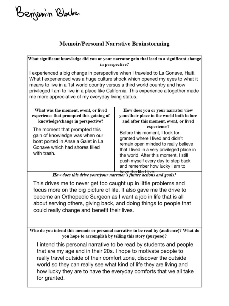 RWS 305W Memoir Personal Narrative Brainstorming Sheet | PDF | Narrative