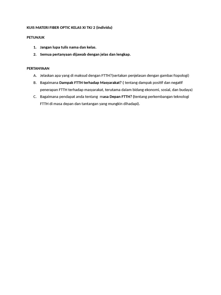 Kuis Fiber Optic Kelas XI TKJ 2 | PDF | Seni