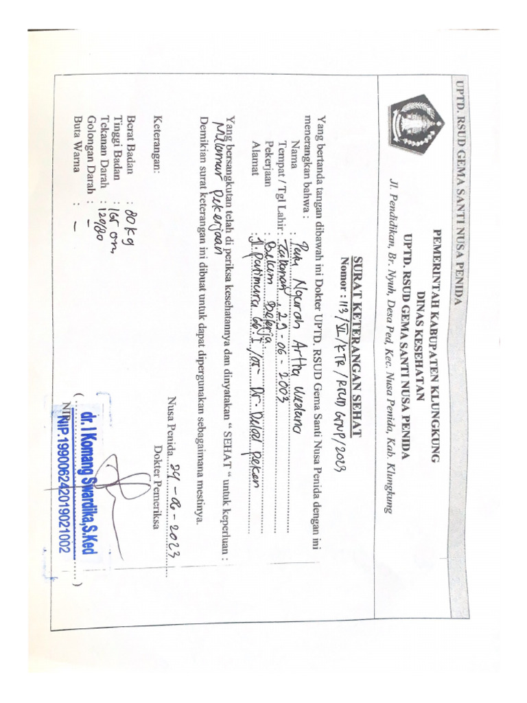 Yang Bertanda Tangan Dibawah Ini Dokter UPTD. RSUD Gema Santi Nusa ...