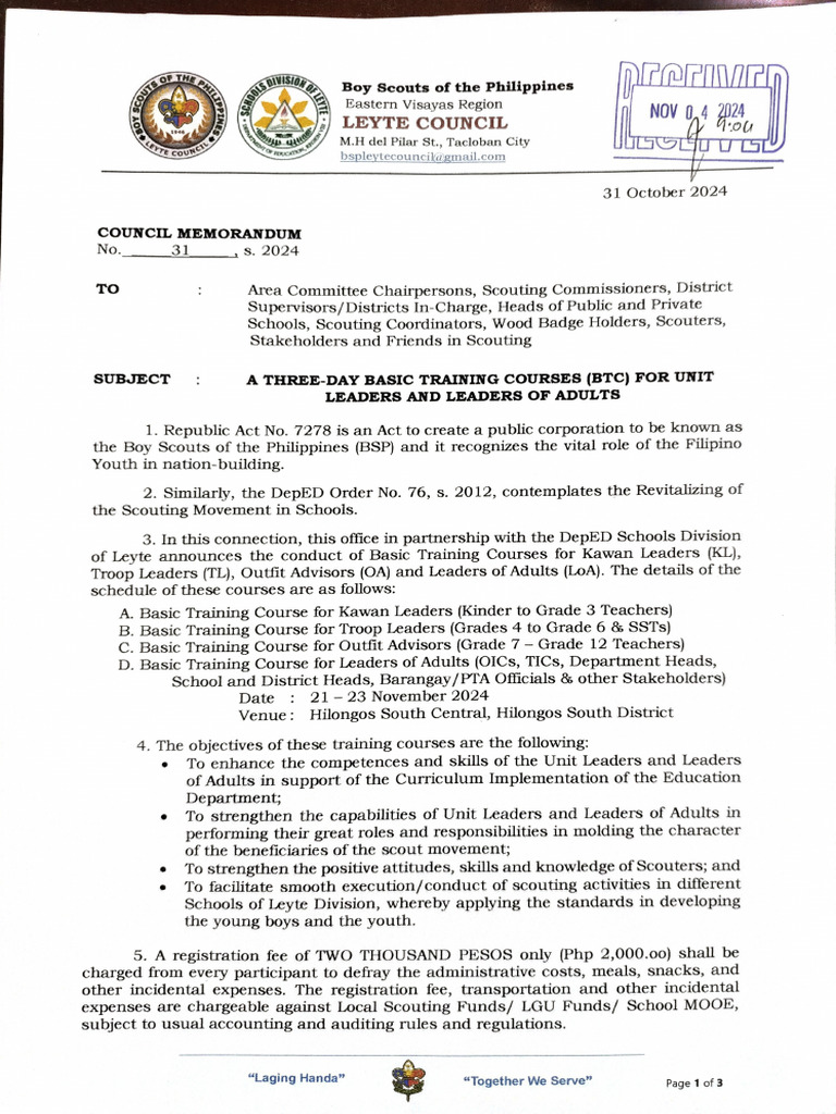 Council Memorandum No. 31 s.2024 A Three Day Basic Training Courses BTC For Unit Leaders and ...