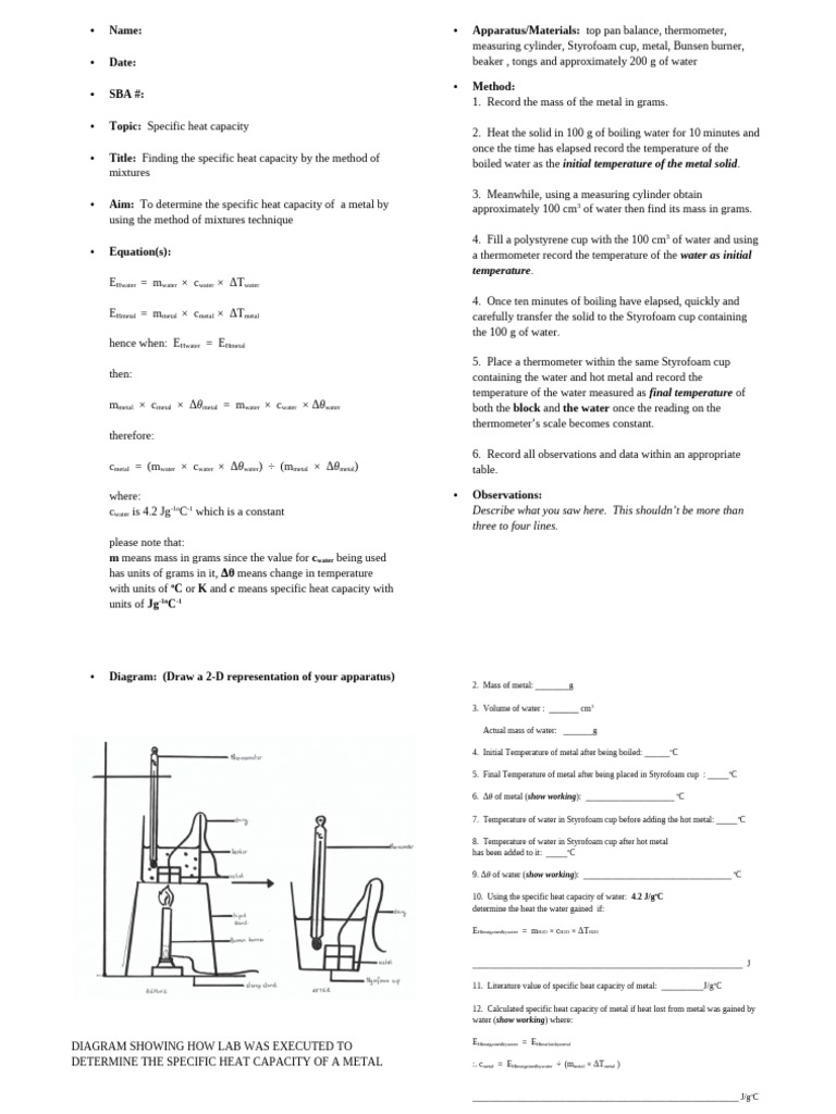 Specific Heat Capacity of A Metal | PDF | Thermometer | Temperature