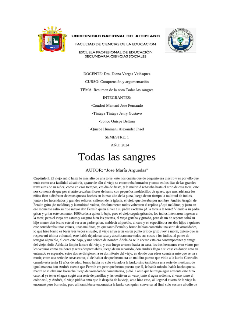 Resumen de La Obra Todas Las Sangres | PDF Resumen de La Obra Todas Las Sangres | PDF