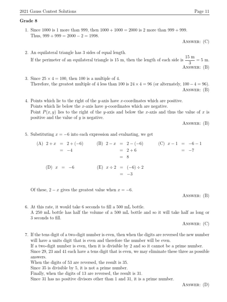 Gauss Combined G8 Solutions 2021 | PDF | Triangle | Prime Number
