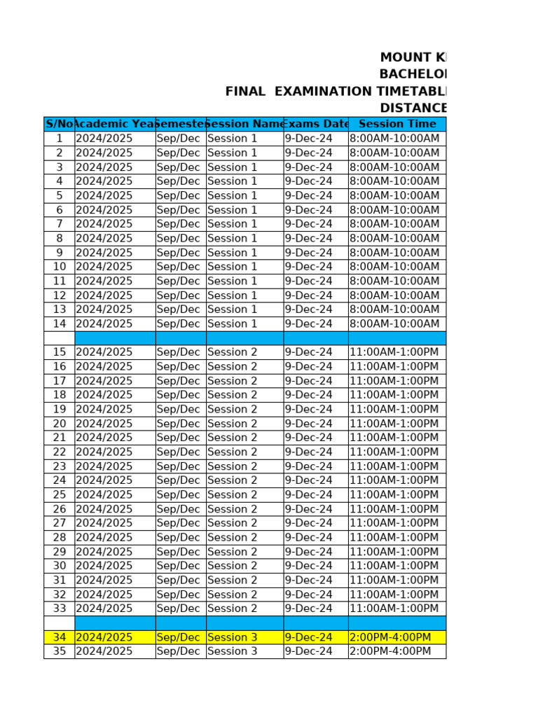 BACHELORS VIRTUAL FINAL EXAM TIMETABLE - DEC 2024..excel. | PDF ...
