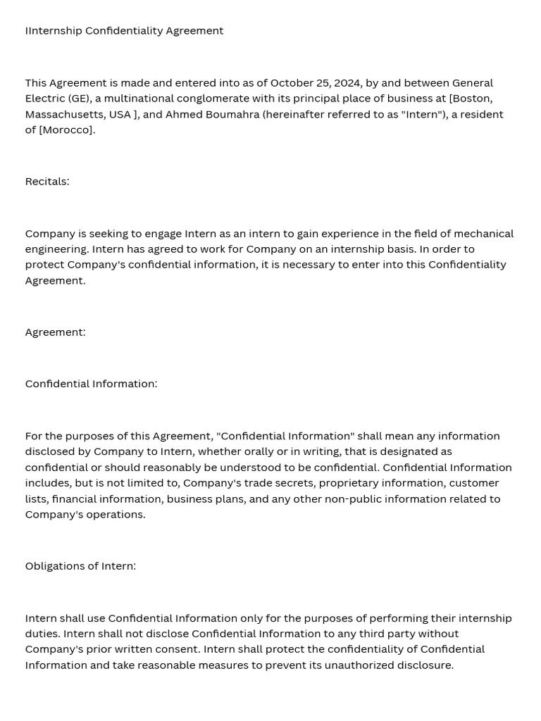 GE Internship Confidentiality Agreement | PDF | Confidentiality | Trade ...