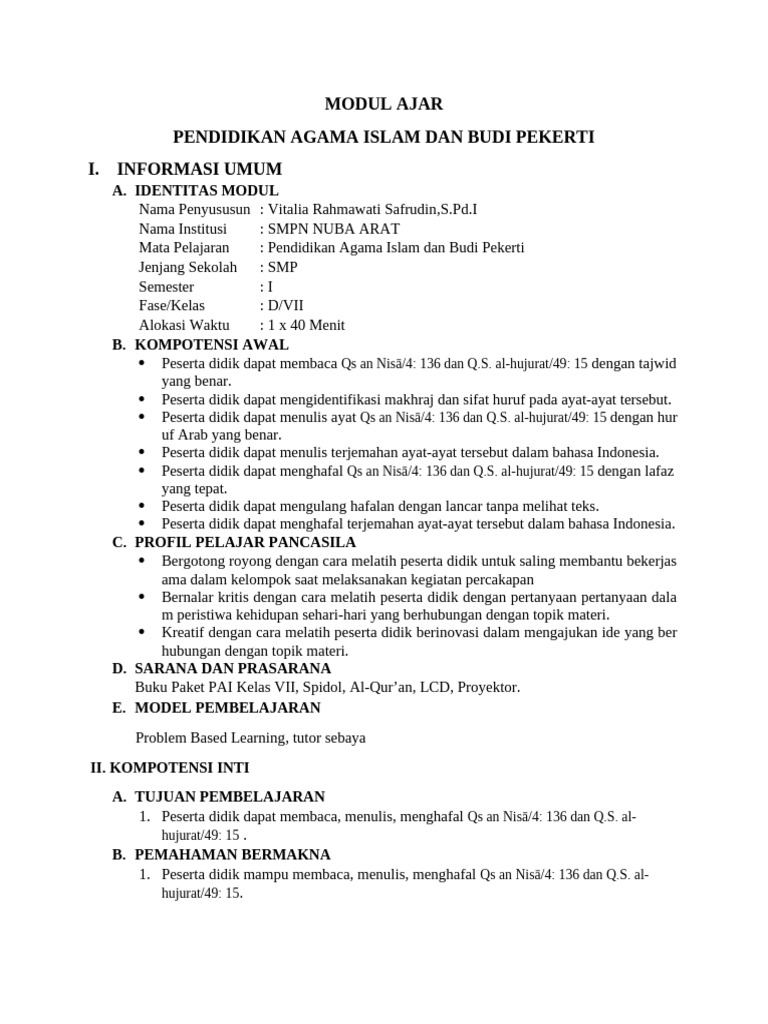 Pembelajaran Qs An-Nisa 4:136 dan Al-Hujurat 49:15 | PDF