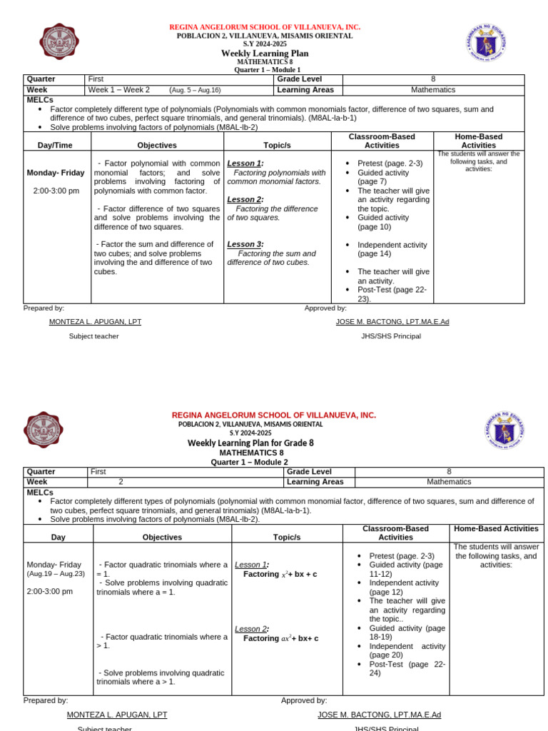Math8 Learning Plan | PDF | Function (Mathematics) | Equations