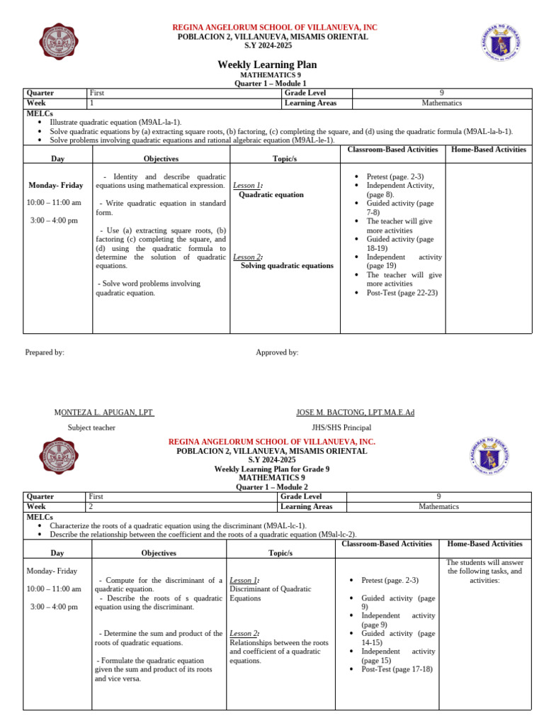 Math9 Learning Plan | PDF | Equations | Quadratic Equation