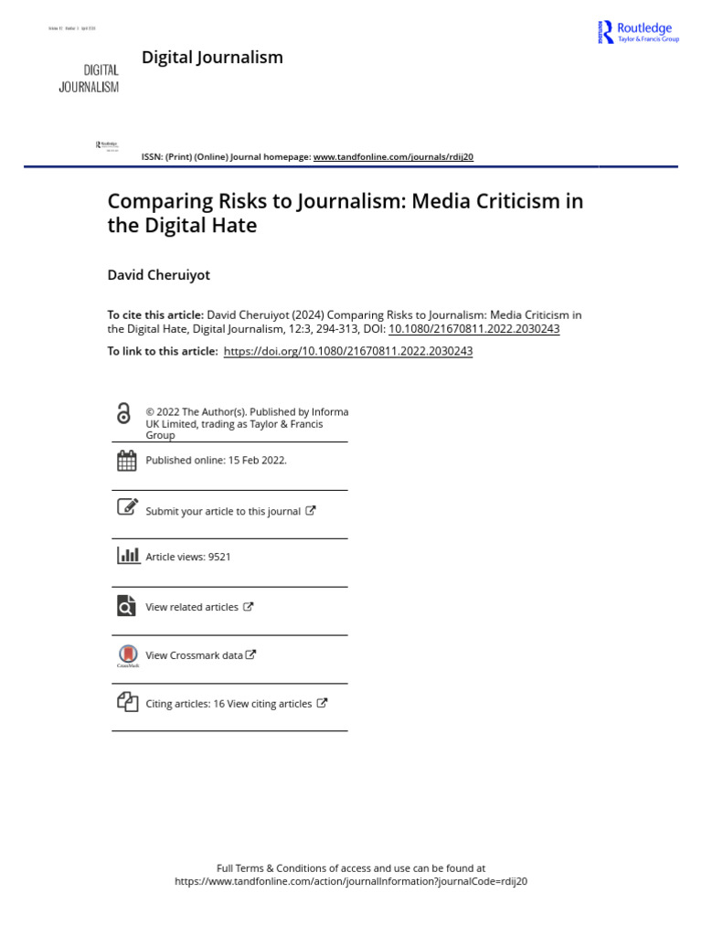 Comparing Risks To Journalism Media Criticism in The Digital Hate | PDF ...