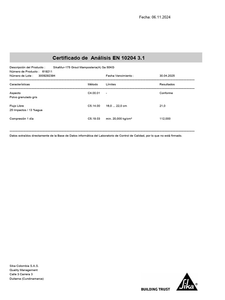 Certificado de Análisis EN 10204 3.1: Fecha: 06.11.2024 | PDF
