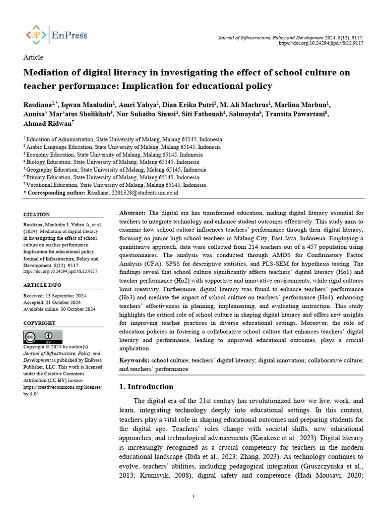 Mediation Of Digital Literacy In Investigating The Effect Of School Culture On Teacher