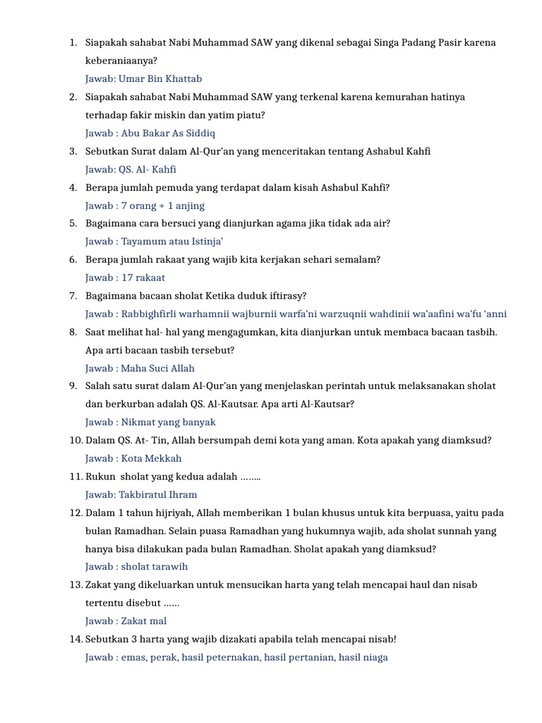 Soal Uraian PAI Untuk Seleksi Cerdas Cermat | PDF