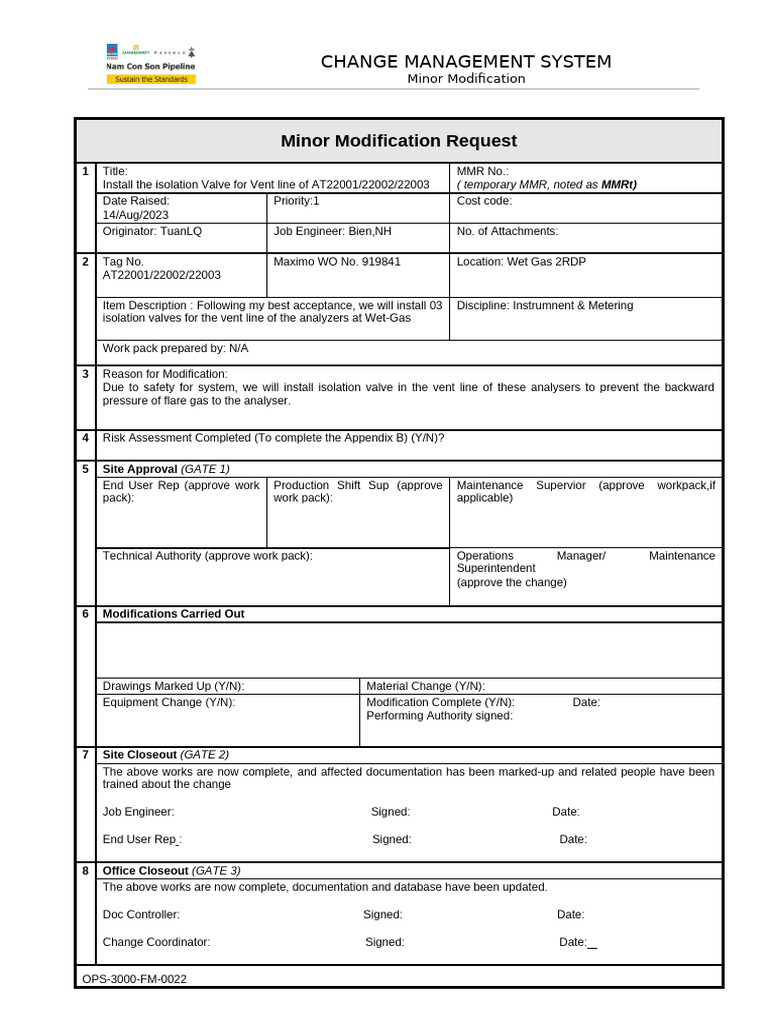 (MM Form) for install isolation valve for vent line_ | PDF | Valve