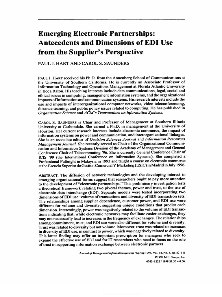 Emerging Electronic Partnerships Antecedents and Dimensions of EDI Use From The Supplier's ...