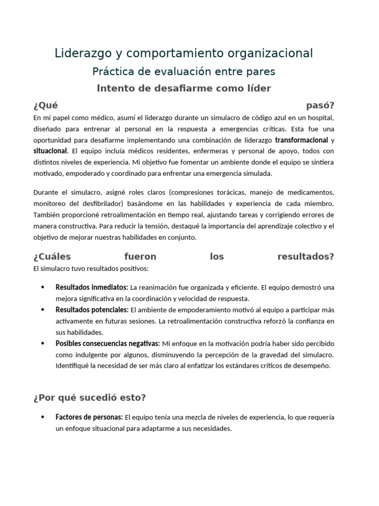 Práctica de Evaluación Entre Pares - Liderazgo y Comportamiento Organizacional. | PDF ...