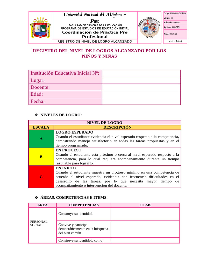 Registro Del Nivel de Logros Alcanzado Por Los Niños y Niñas Imprimir | PDF | Educación de la ...