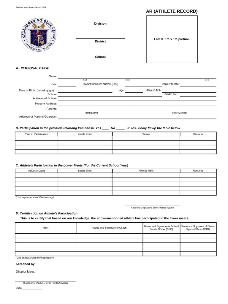 Athlete Record Form for Palarong Pambansa | PDF