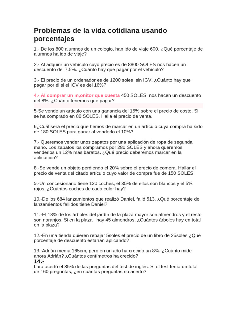 Problemas de La Vida Cotidiana Usando Porcentajes | PDF
