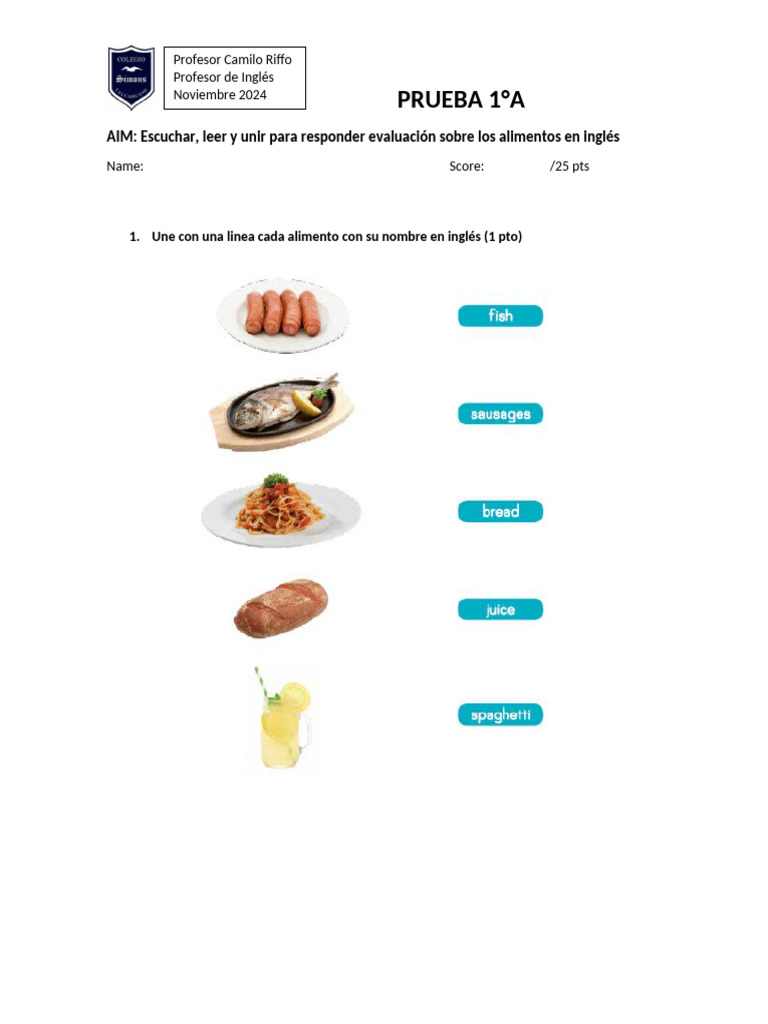 Evaluación de Alimentos en Inglés | PDF