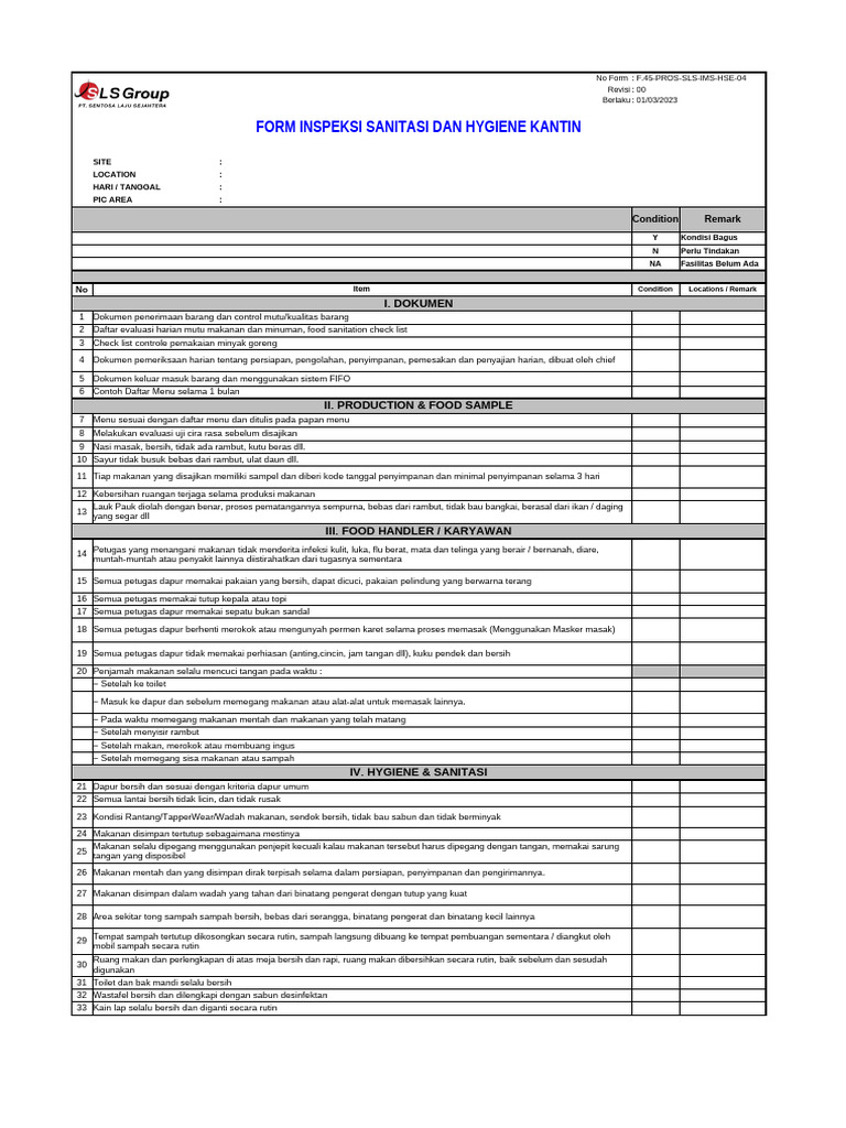 Formulir Inspeksi Hygiene Kantin | PDF
