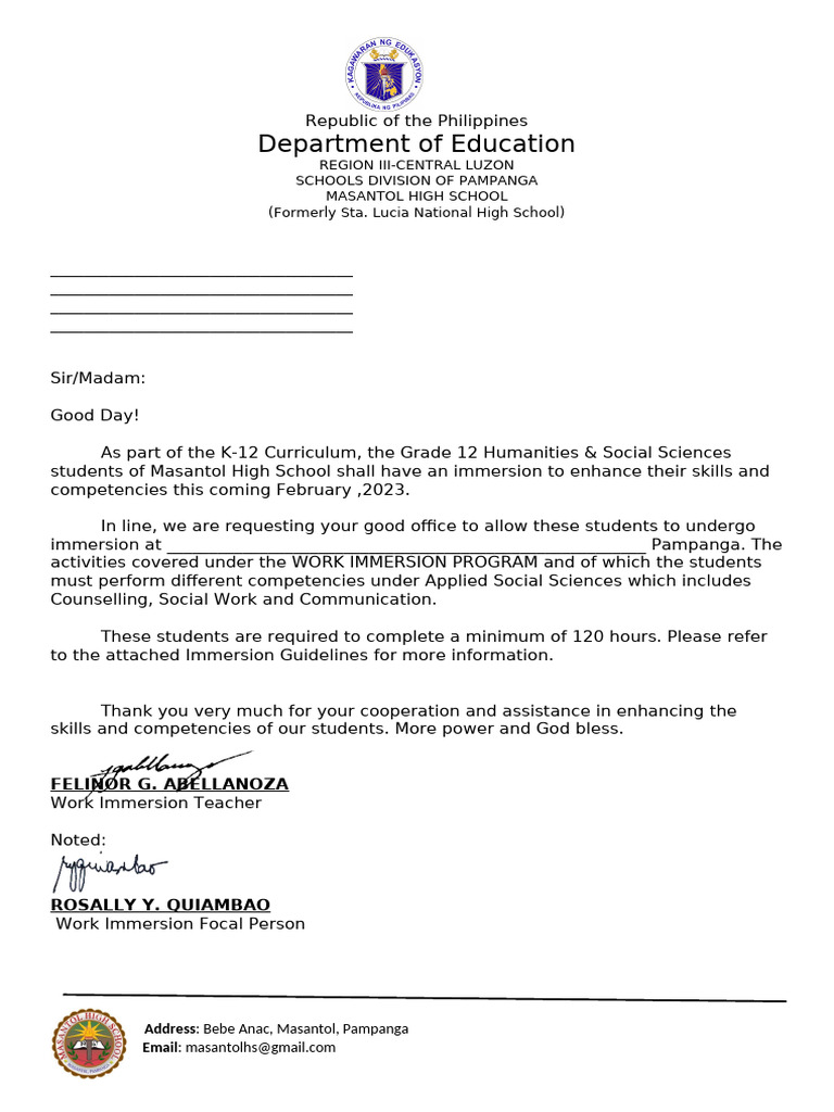 Work Immersion Request Letter | PDF