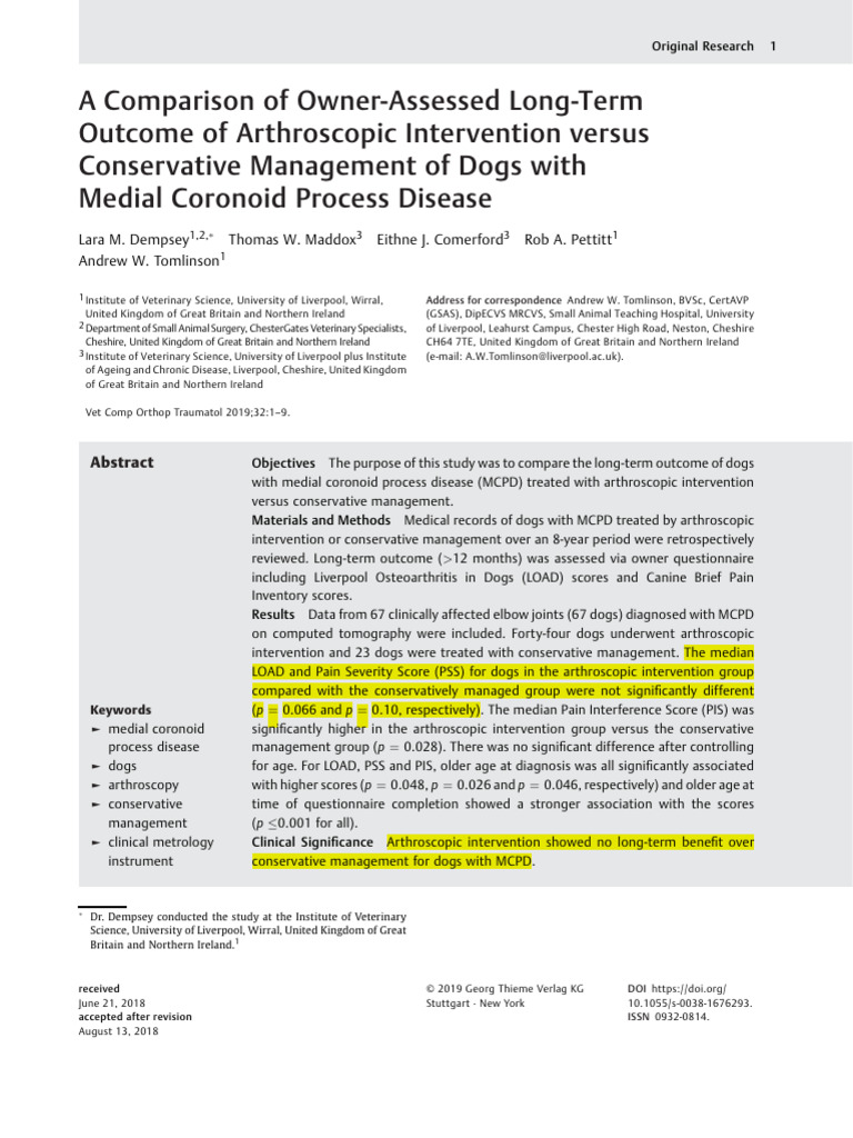 A Comparison of Owner-Assessed Long-Term Outcome of Arthroscopic ...