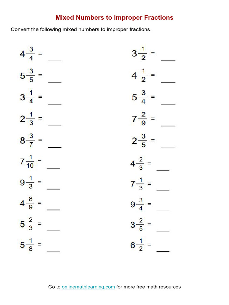 mixed-number-improper-fraction-worksheet | PDF