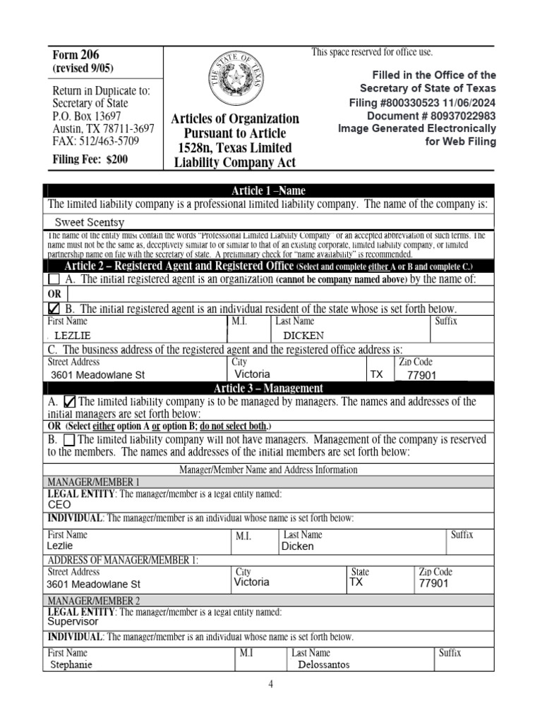 SS Article of Organization | PDF | Registered Agent | Limited Liability ...