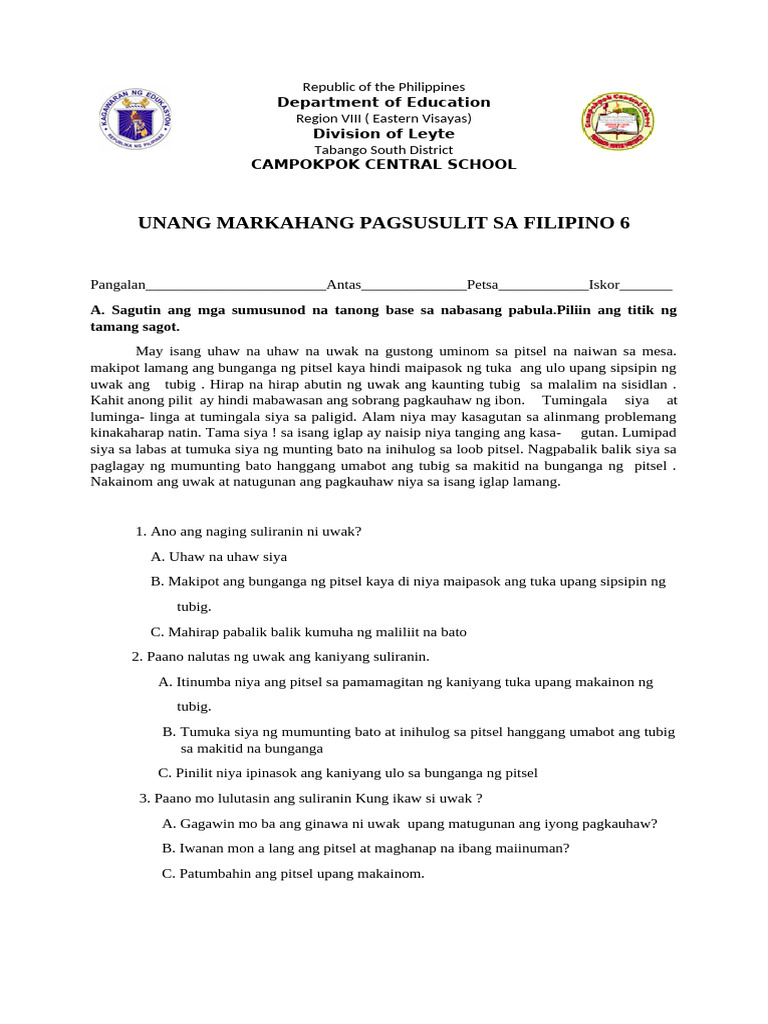 1st Quarter Exam - Filipino 6 | PDF