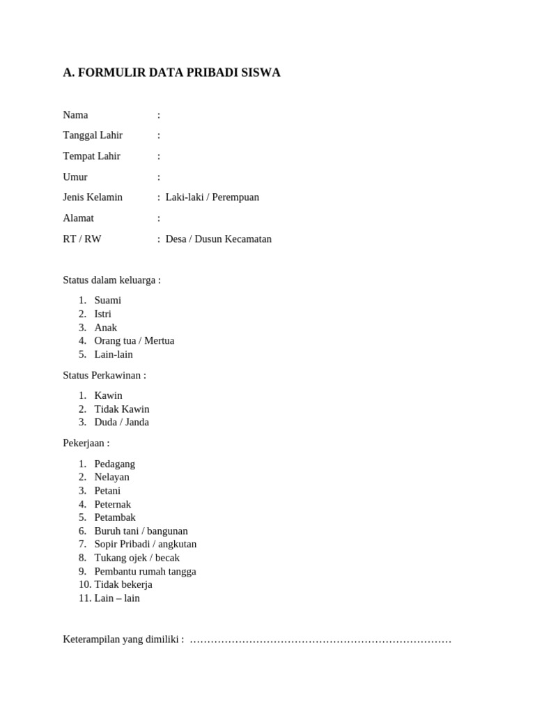 Lampiran (A) - Formulir Data Pribadi Siswa | PDF