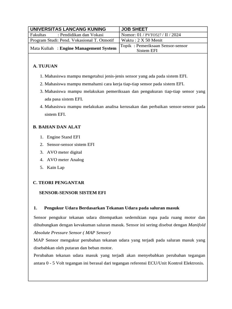 Pemeriksaan Sensor EFI untuk Mahasiswa | PDF | Teknologi & Rekayasa