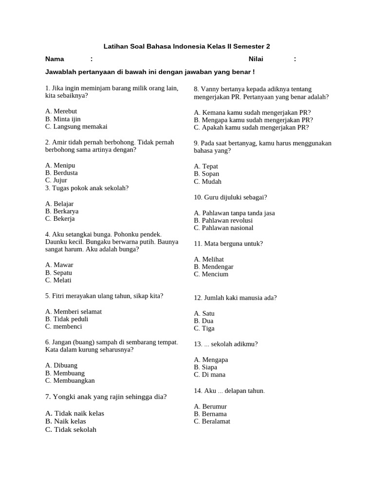 Latihan Soal Bahasa Indonesia Kelas II Semester 2 | PDF