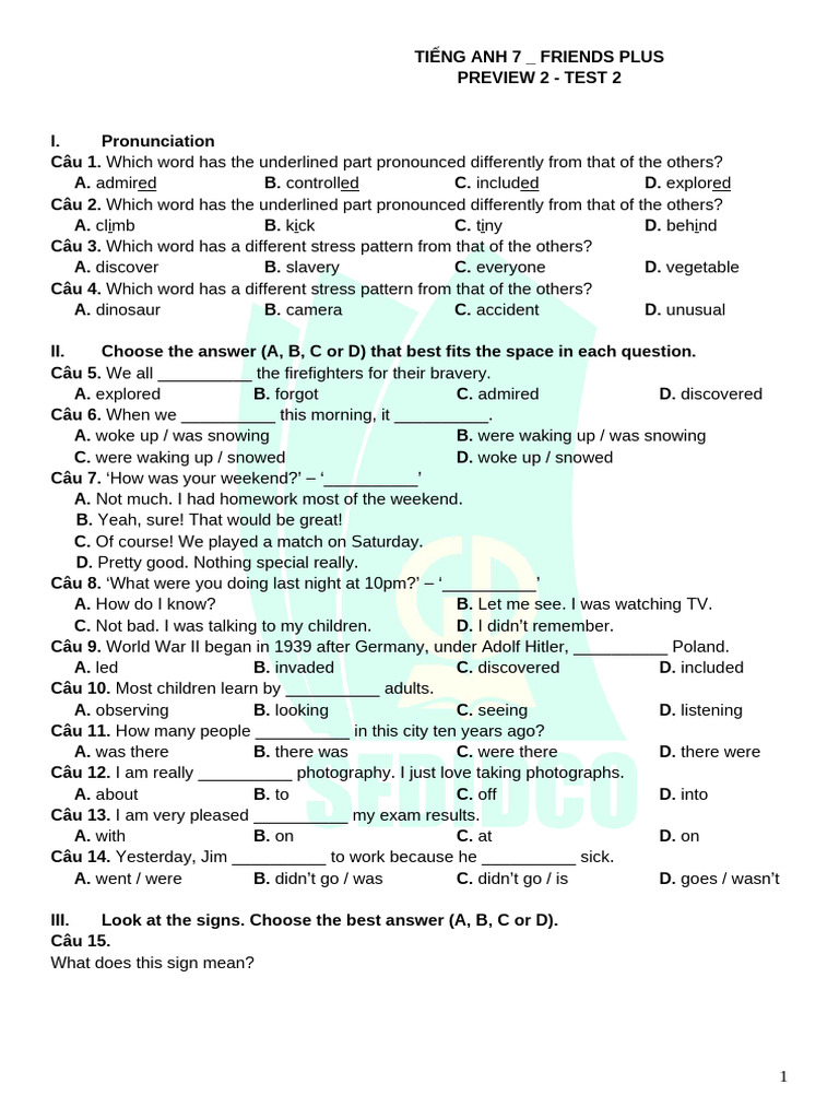 Tieng Anh 7 Friends Plus - Progress Review 2 - Test 2 | PDF