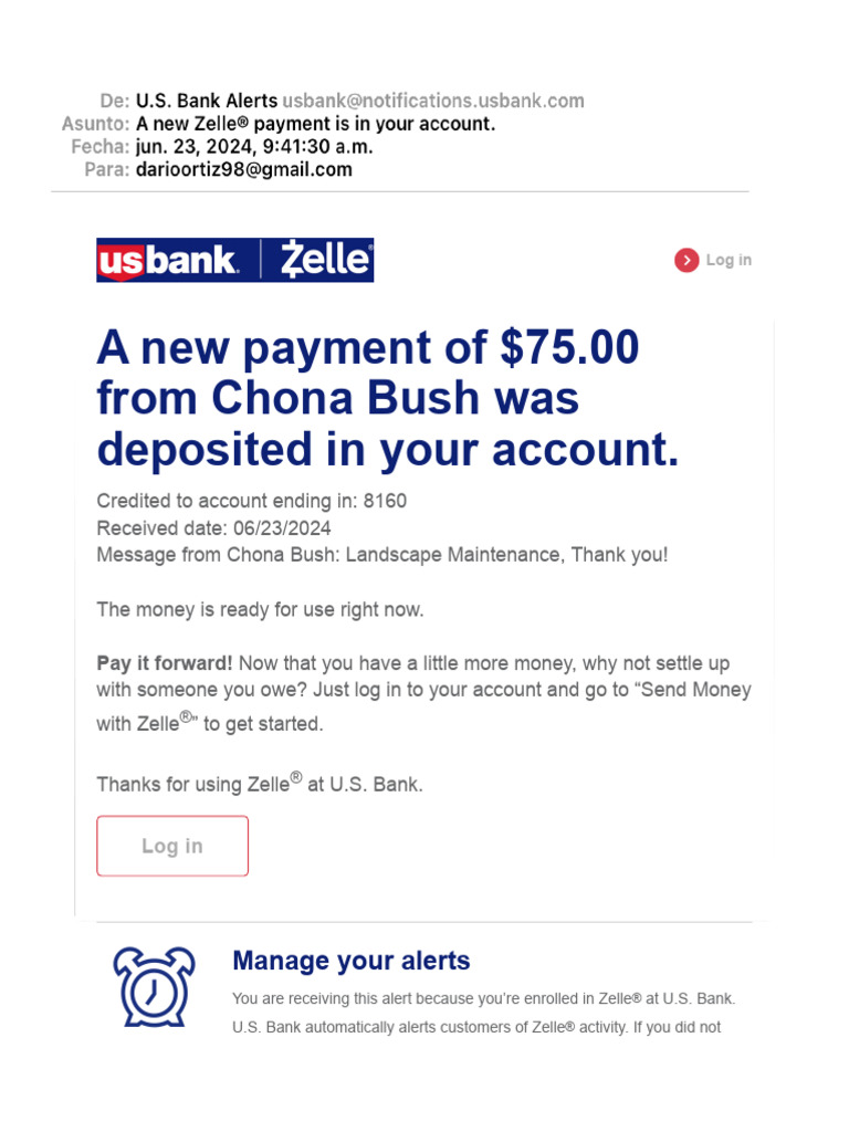 A New Zelle® Payment Is in Your Account | PDF | Banks | U.S. Bancorp