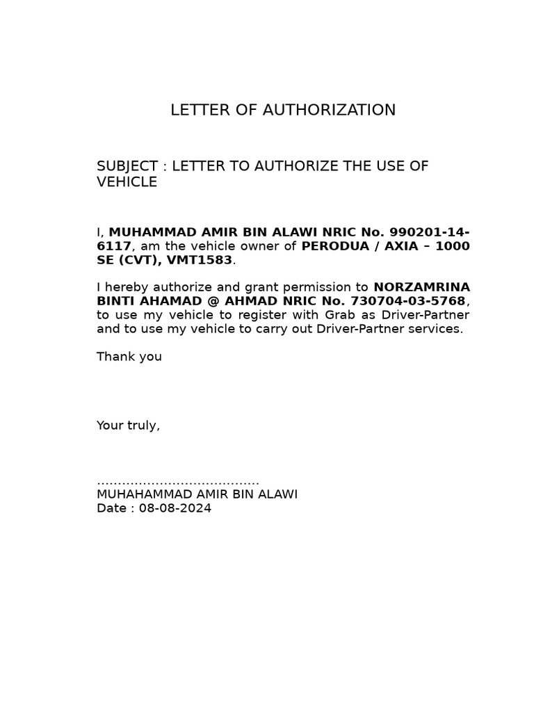 Letter of Authorization Grab | PDF