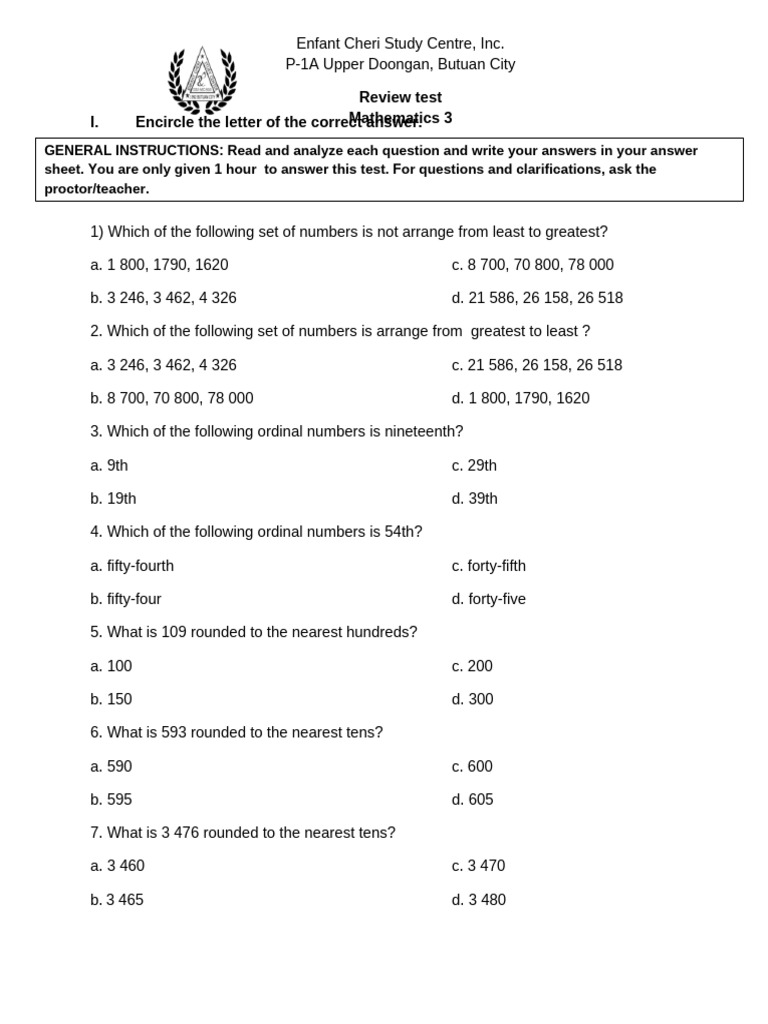 review test math3 | PDF | Mathematics | Numbers