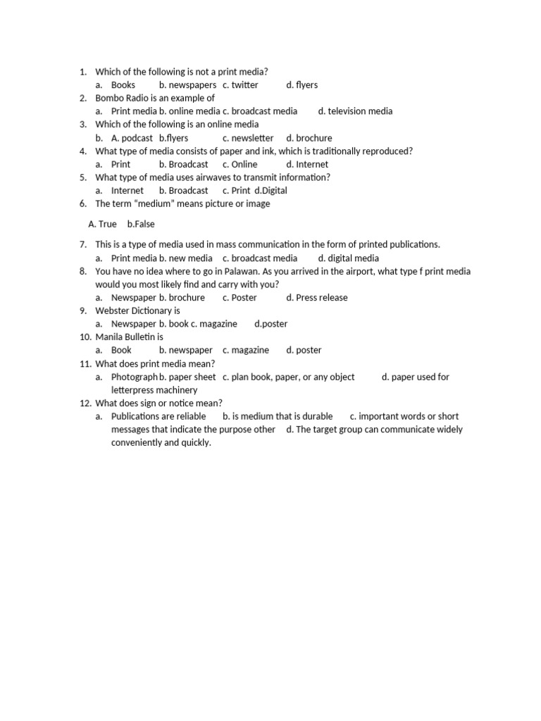 Media Types Quiz | PDF | Social Science