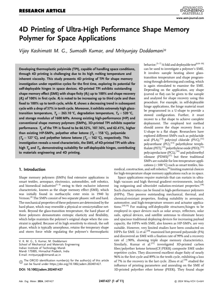 4D Printing of High-Performance TPI for Space | PDF | Shape Memory ...